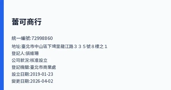 蕾可商行的照片-統編 72998860(臺北市) 公司登記資料與營業項目詳細圖表