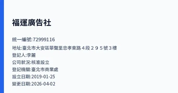福運廣告社的照片-統編 72999116(臺北市) 公司登記資料與營業項目詳細圖表