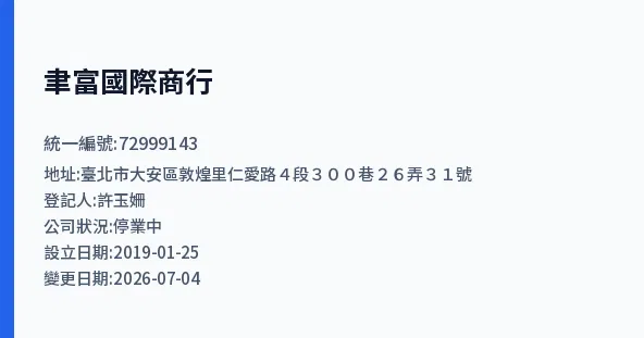 聿富國際商行的照片-統編 72999143(臺北市) 公司登記資料與營業項目詳細圖表