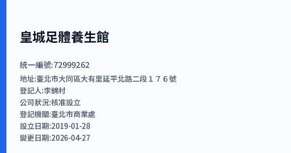 皇城足體養生館的照片-統編 72999262(臺北市) 公司登記資料與營業項目詳細圖表