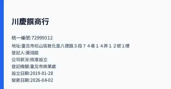 川慶饌商行的照片-統編 72999312(臺北市) 公司登記資料與營業項目詳細圖表