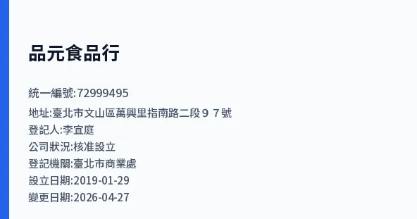 品元食品行的照片-統編 72999495(臺北市) 公司登記資料與營業項目詳細圖表