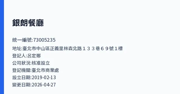 銀朗餐廳的照片-統編 73005235(臺北市) 公司登記資料與營業項目詳細圖表