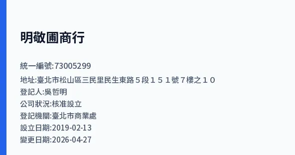 明敬圃商行的照片-統編 73005299(臺北市) 公司登記資料與營業項目詳細圖表