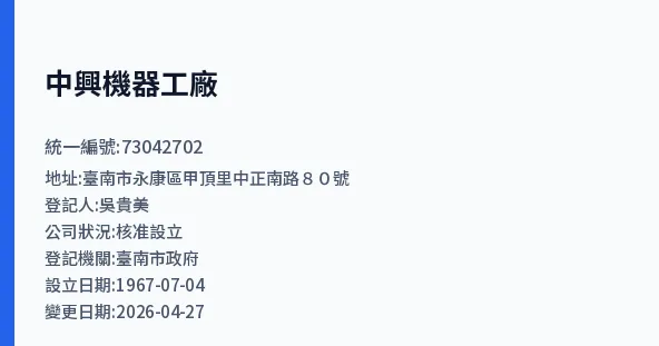 中興機器工廠的照片-統編 73042702(臺南市) 公司登記資料與營業項目詳細圖表