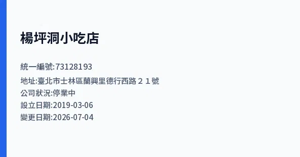 楊坪洞小吃店的照片-統編 73128193(臺北市) 公司登記資料與營業項目詳細圖表