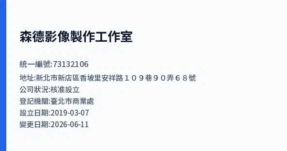 森德影像製作工作室的照片-統編 73132106(新北市) 公司登記資料與營業項目詳細圖表