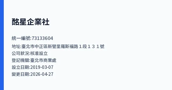酩星企業社的照片-統編 73133604(臺北市) 公司登記資料與營業項目詳細圖表