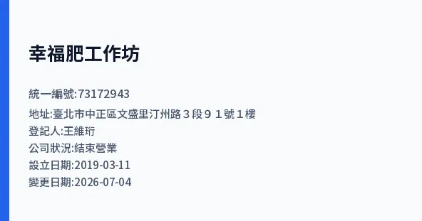 幸福肥工作坊的照片-統編 73172943(臺北市) 公司登記資料與營業項目詳細圖表