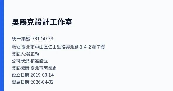 吳馬克設計工作室的照片-統編 73174739(臺北市) 公司登記資料與營業項目詳細圖表