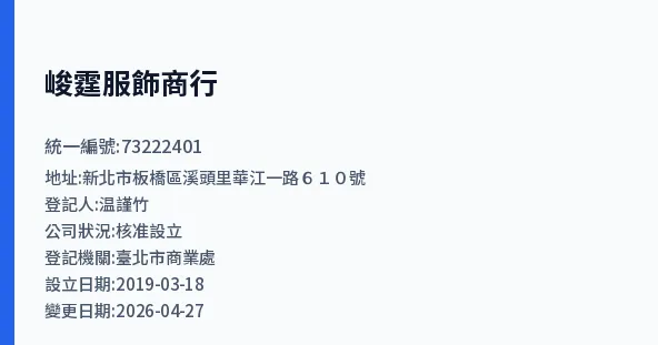 峻霆服飾商行的照片-統編 73222401(新北市) 公司登記資料與營業項目詳細圖表
