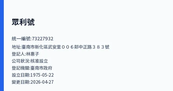 眾利號的照片-統編 73227932(臺南市) 公司登記資料與營業項目詳細圖表