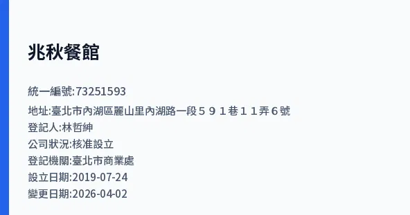 兆秋餐館的照片-統編 73251593(臺北市) 公司登記資料與營業項目詳細圖表