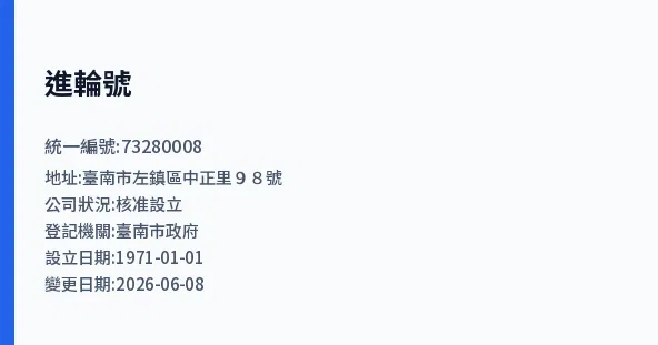 進輪號的照片-統編 73280008(臺南市) 公司登記資料與營業項目詳細圖表