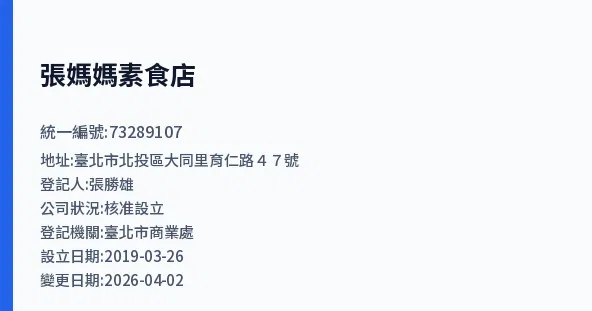張媽媽素食店的照片-統編 73289107(臺北市) 公司登記資料與營業項目詳細圖表