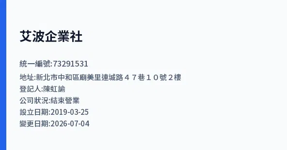 艾波企業社的照片-統編 73291531(新北市) 公司登記資料與營業項目詳細圖表