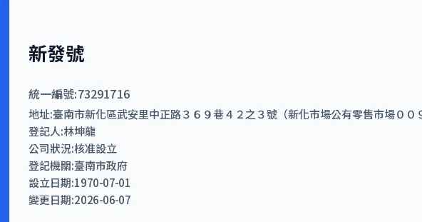 新發號的照片-統編 73291716(臺南市) 公司登記資料與營業項目詳細圖表