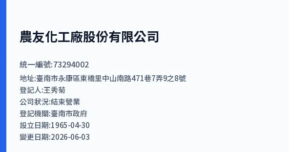 農友化工廠股份有限公司的照片-統編 73294002(臺南市) 公司登記資料與營業項目詳細圖表
