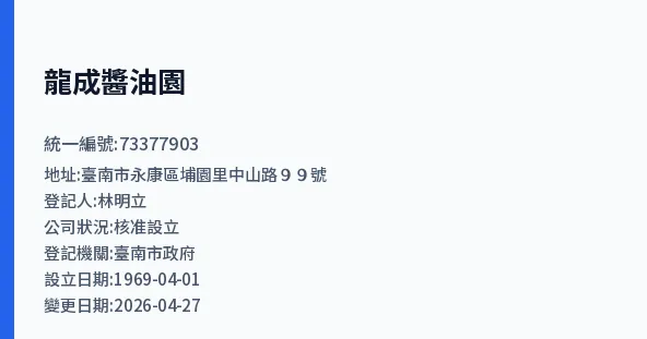 龍成醬油園的照片-統編 73377903(臺南市) 公司登記資料與營業項目詳細圖表