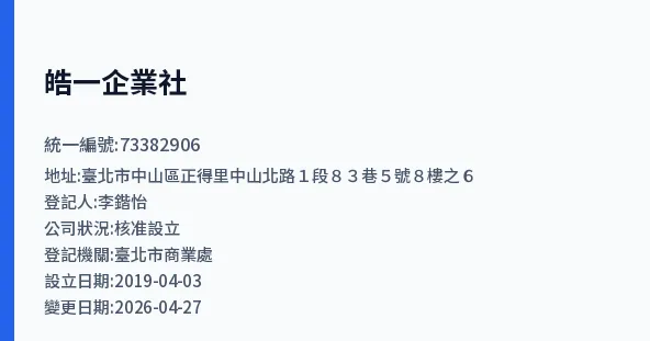 皓一企業社的照片-統編 73382906(臺北市) 公司登記資料與營業項目詳細圖表