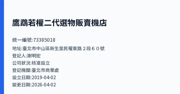 鷹鵡若權二代選物販賣機店的照片-統編 73385018(臺北市) 公司登記資料與營業項目詳細圖表