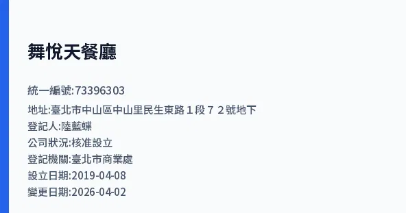 舞悅天餐廳的照片-統編 73396303(臺北市) 公司登記資料與營業項目詳細圖表