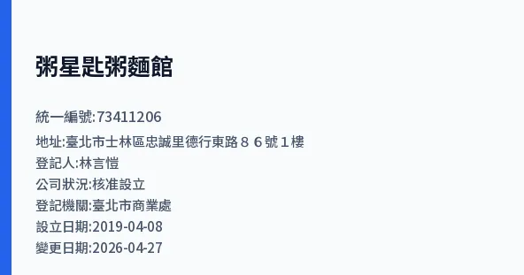 粥星匙粥麵館的照片-統編 73411206(臺北市) 公司登記資料與營業項目詳細圖表