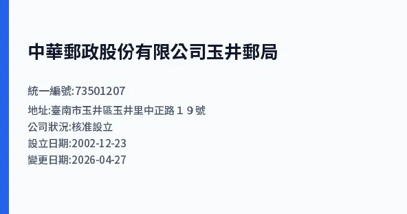 中華郵政股份有限公司玉井郵局的照片-統編 73501207(臺南市) 公司登記資料與營業項目詳細圖表