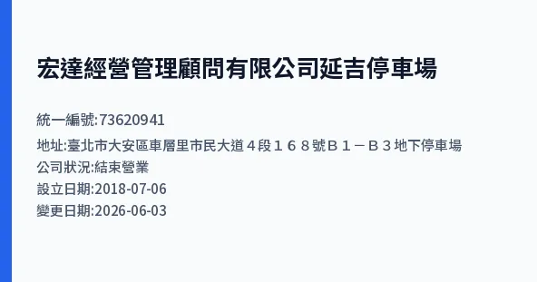 宏達經營管理顧問有限公司延吉停車場的照片-統編 73620941(臺北市) 公司登記資料與營業項目詳細圖表
