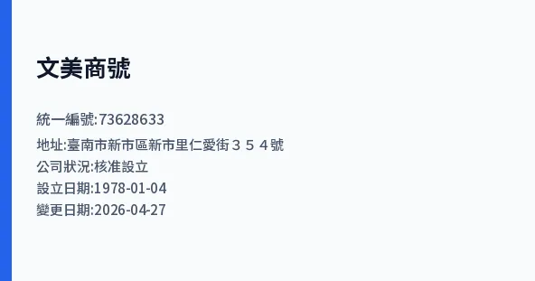 文美商號的照片-統編 73628633(臺南市) 公司登記資料與營業項目詳細圖表