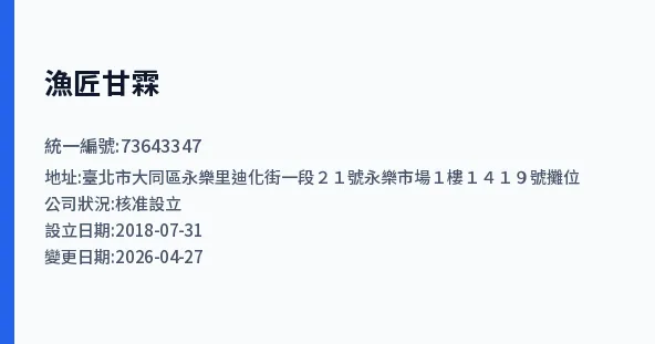 漁匠甘霖的照片-統編 73643347(臺北市) 公司登記資料與營業項目詳細圖表