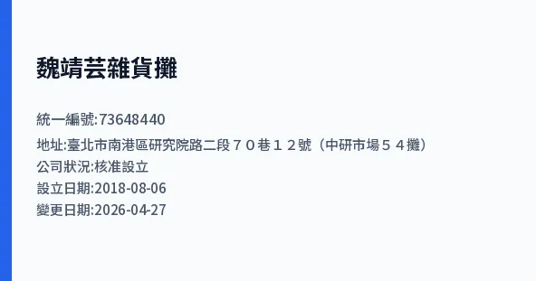 魏靖芸雜貨攤的照片-統編 73648440(臺北市) 公司登記資料與營業項目詳細圖表