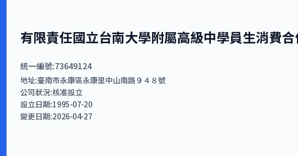 有限責任國立台南大學附屬高級中學員生消費合作社的照片-統編 73649124(臺南市) 公司登記資料與營業項目詳細圖表