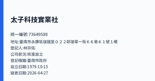 太子科技實業社的照片-統編 73649588(臺南市) 公司登記資料與營業項目詳細圖表