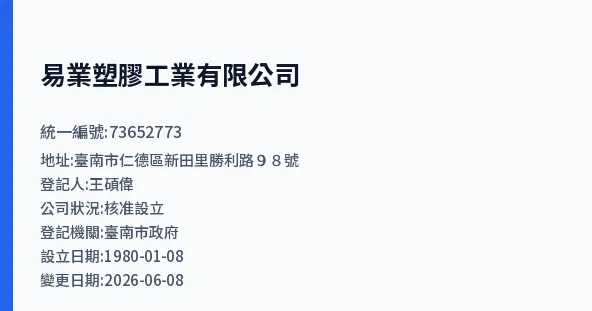 易業塑膠工業有限公司的照片-統編 73652773(臺南市) 公司登記資料與營業項目詳細圖表