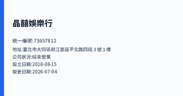 晶囍娛樂行的照片-統編 73657812(臺北市) 公司登記資料與營業項目詳細圖表