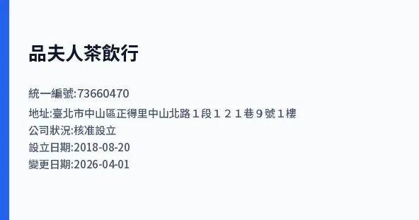 品夫人茶飲行的照片-統編 73660470(臺北市) 公司登記資料與營業項目詳細圖表