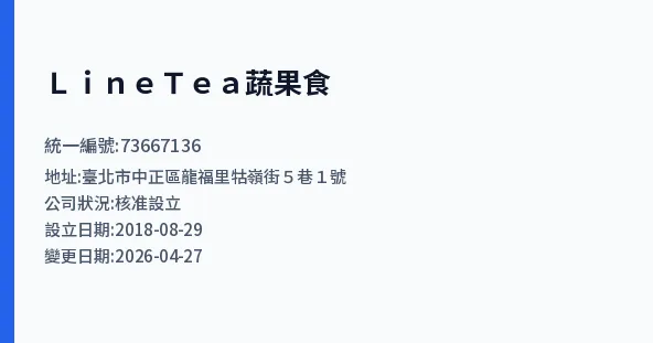 Line Tea 蔬果食的照片-統編 73667136(臺北市) 公司登記資料與營業項目詳細圖表