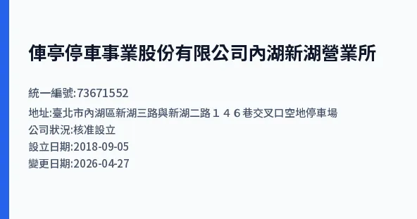 俥亭停車事業股份有限公司內湖新湖營業所的照片-統編 73671552(臺北市) 公司登記資料與營業項目詳細圖表
