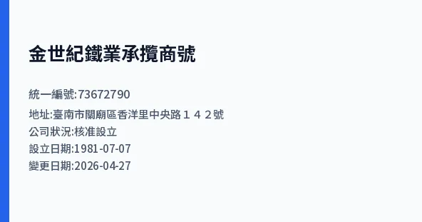 金世紀鐵業承攬商號的照片-統編 73672790(臺南市) 公司登記資料與營業項目詳細圖表