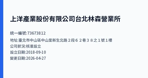 上洋產業股份有限公司台北林森營業所的照片-統編 73673812(臺北市) 公司登記資料與營業項目詳細圖表