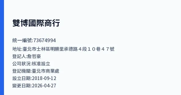 雙博國際商行的照片-統編 73674994(臺北市) 公司登記資料與營業項目詳細圖表