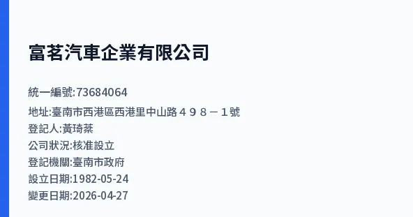富茗汽車企業有限公司的照片-統編 73684064(臺南市) 公司登記資料與營業項目詳細圖表