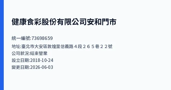 健康食彩股份有限公司安和門市的照片-統編 73698659(臺北市) 公司登記資料與營業項目詳細圖表