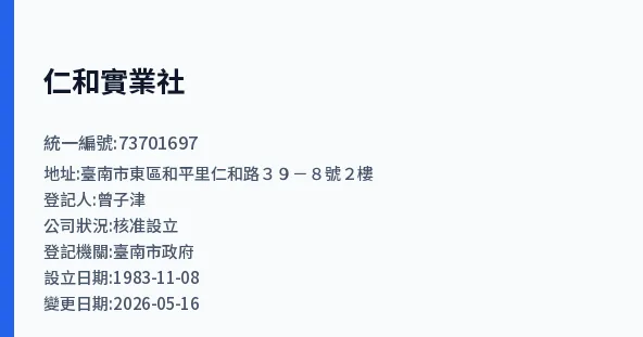 仁和實業社的照片-統編 73701697(臺南市) 公司登記資料與營業項目詳細圖表