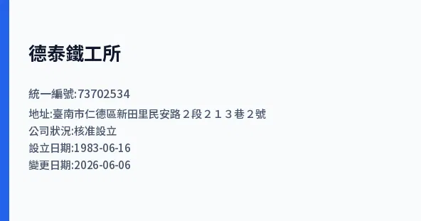 德泰鐵工所的照片-統編 73702534(臺南市) 公司登記資料與營業項目詳細圖表