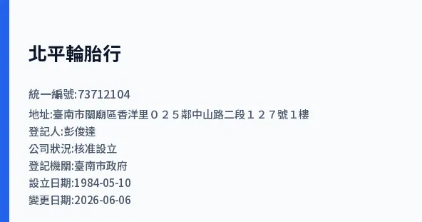 北平輪胎行的照片-統編 73712104(臺南市) 公司登記資料與營業項目詳細圖表