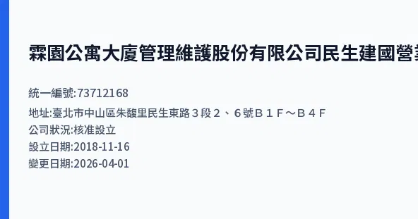 霖園公寓大廈管理維護股份有限公司民生建國營業處的照片-統編 73712168(臺北市) 公司登記資料與營業項目詳細圖表
