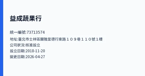 益成蔬果行的照片-統編 73713574(臺北市) 公司登記資料與營業項目詳細圖表