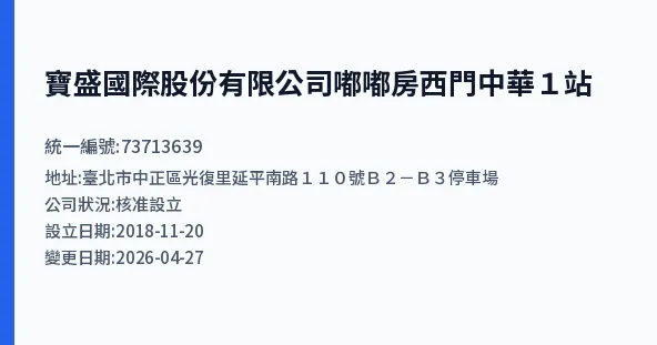 寶盛國際股份有限公司嘟嘟房西門中華1站的照片-統編 73713639(臺北市) 公司登記資料與營業項目詳細圖表
